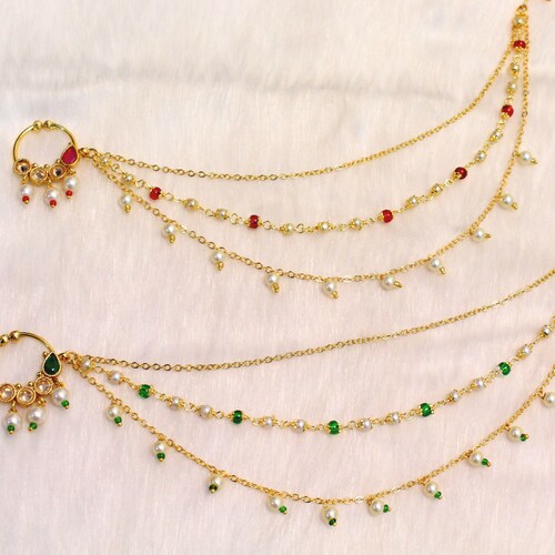 CZ Nose Ring Spring Nose Ring With Gold Chain Nath Indian | Etsy