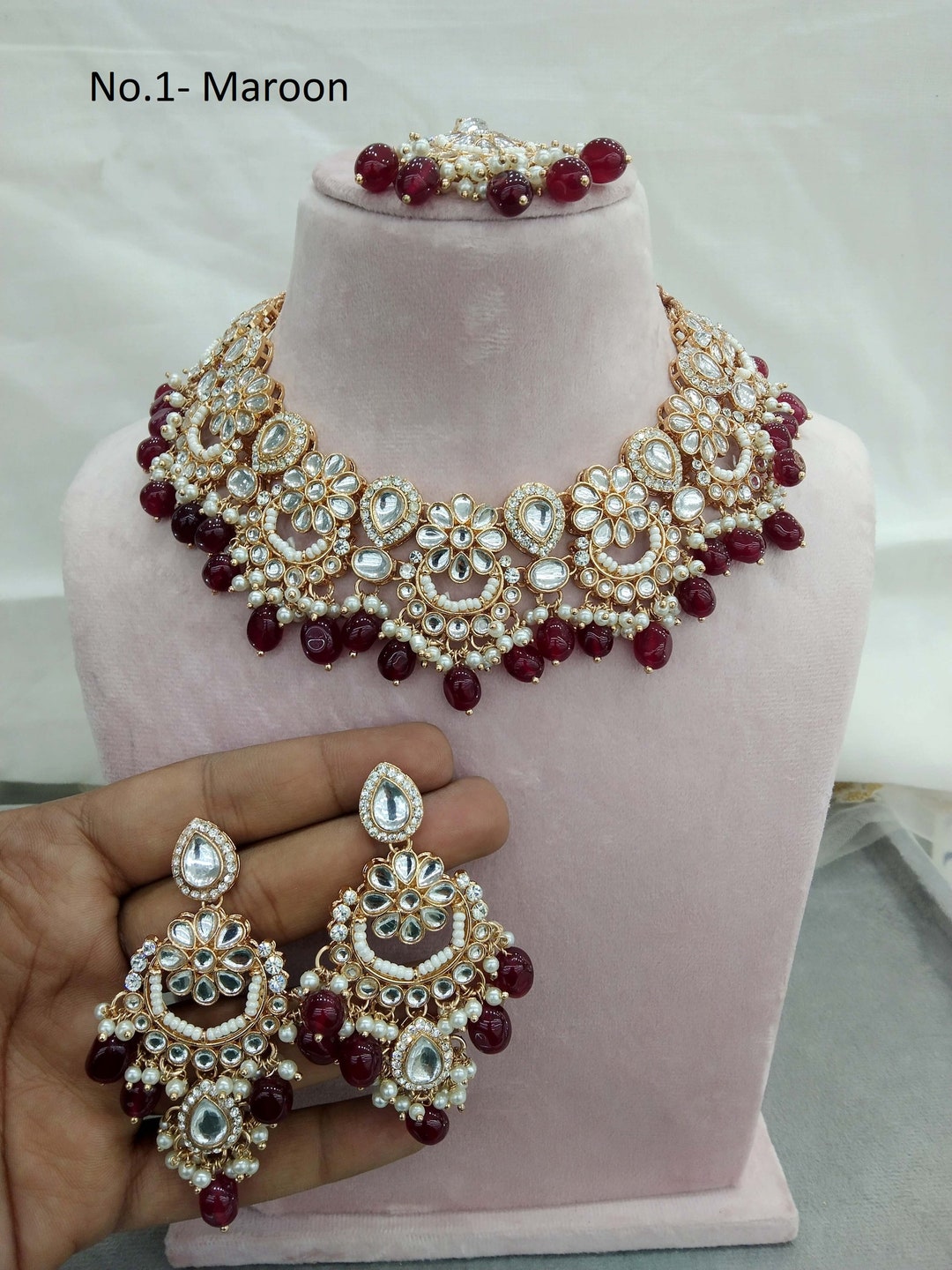Indian Jewelry Jewellery Kundan Necklace Set/rose Gold Maroon Bollywood ...
