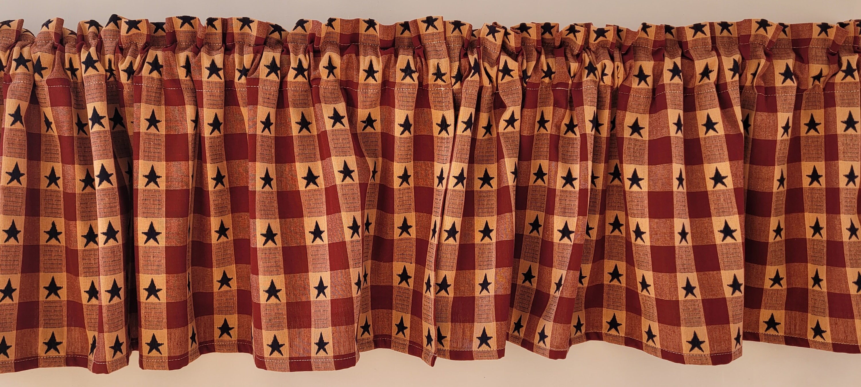 Burgundy Red Check With Blue Star Valance Curtain American - Etsy