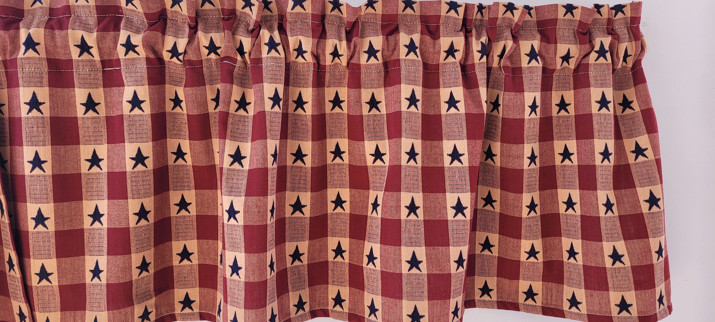 Burgundy Red Check With Blue Star Valance Curtain American - Etsy