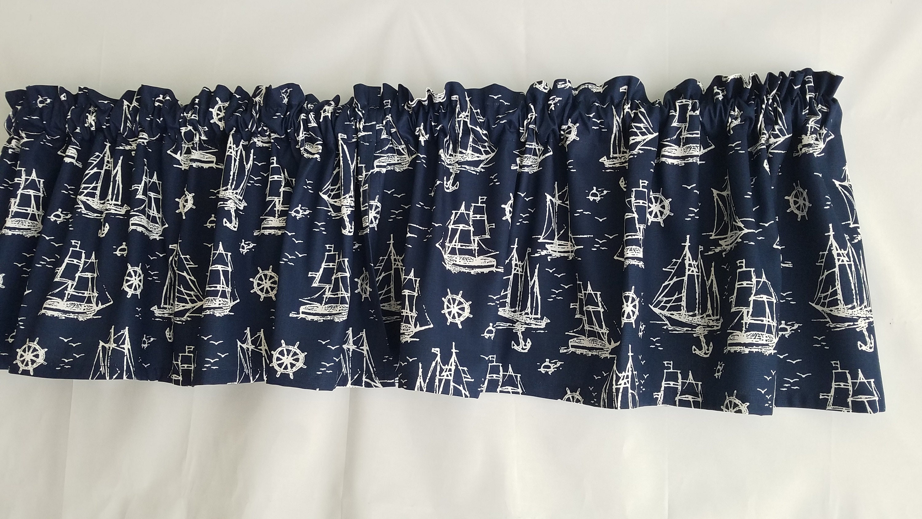 Navy Sailboat Valance Coastal Valance Blue and White | Etsy