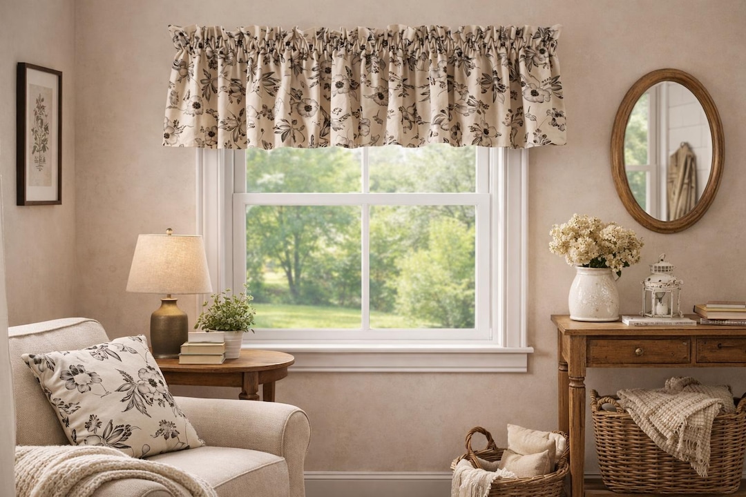 Muted Floral Valance Curtain: Oatmeal Farmhouse Style, Duck Cotton - Etsy
