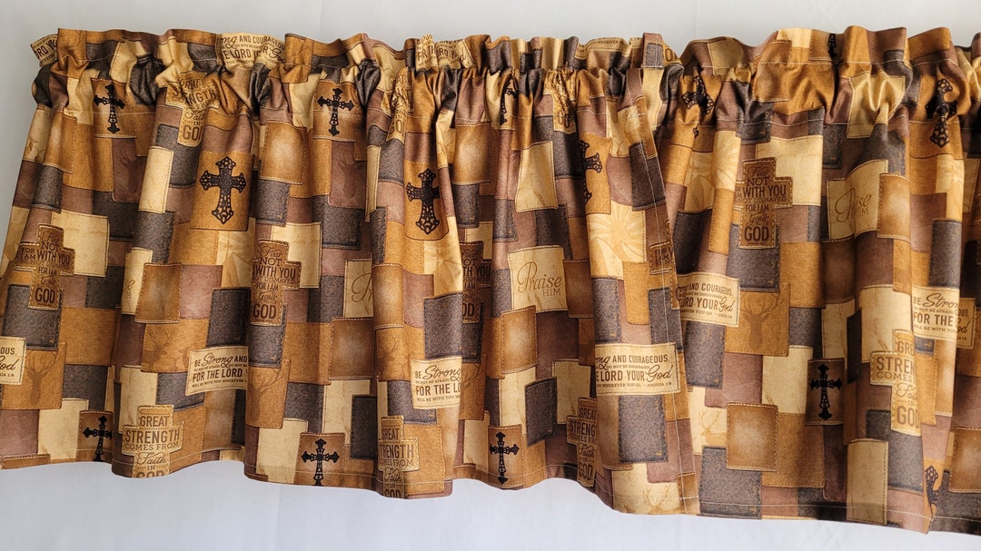 Scripture Patch Valance: Brown Christian Curtain, Cross Design - Etsy