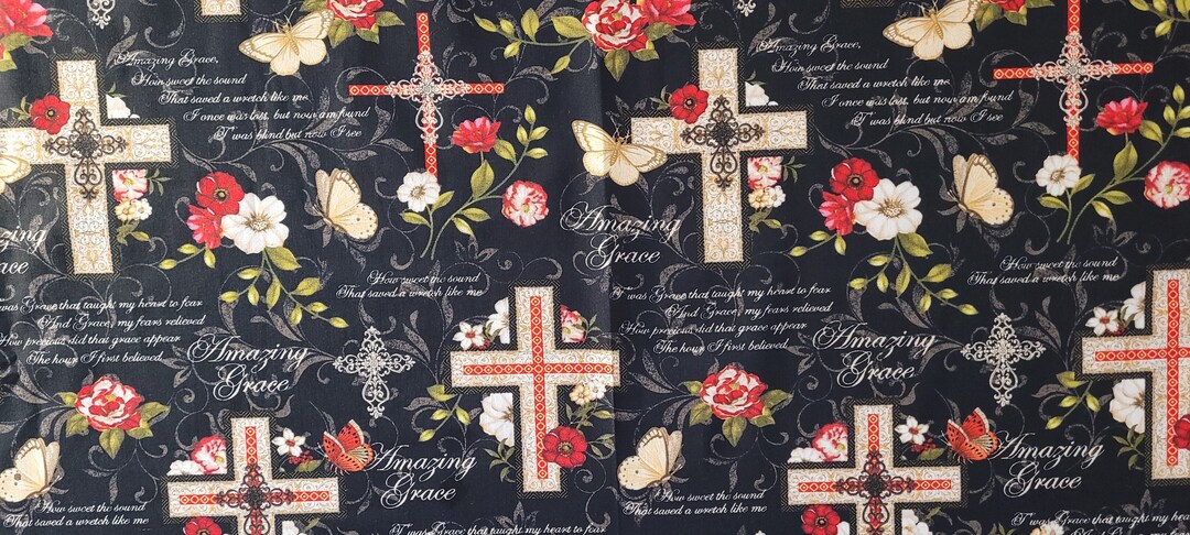 Amazing Grace Fabric, Religious Fabric Print, Spiritual Fabric, Black ...