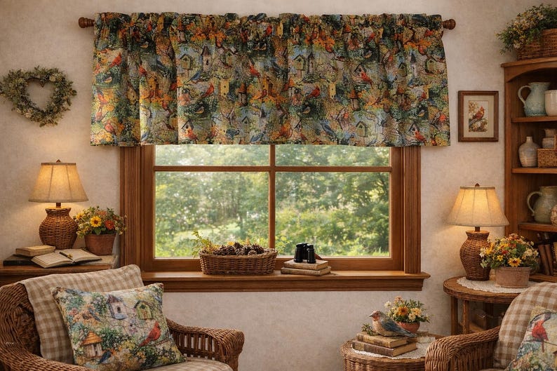 Cardinal Birdhouse Valance: Floral Autumn Cotton Curtain - Etsy