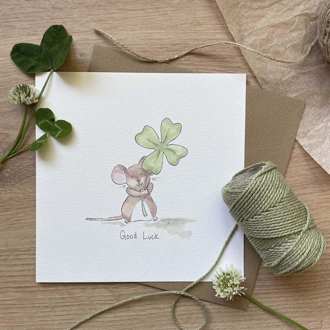 Good Luck Card - Mouse & Clover - Etsy