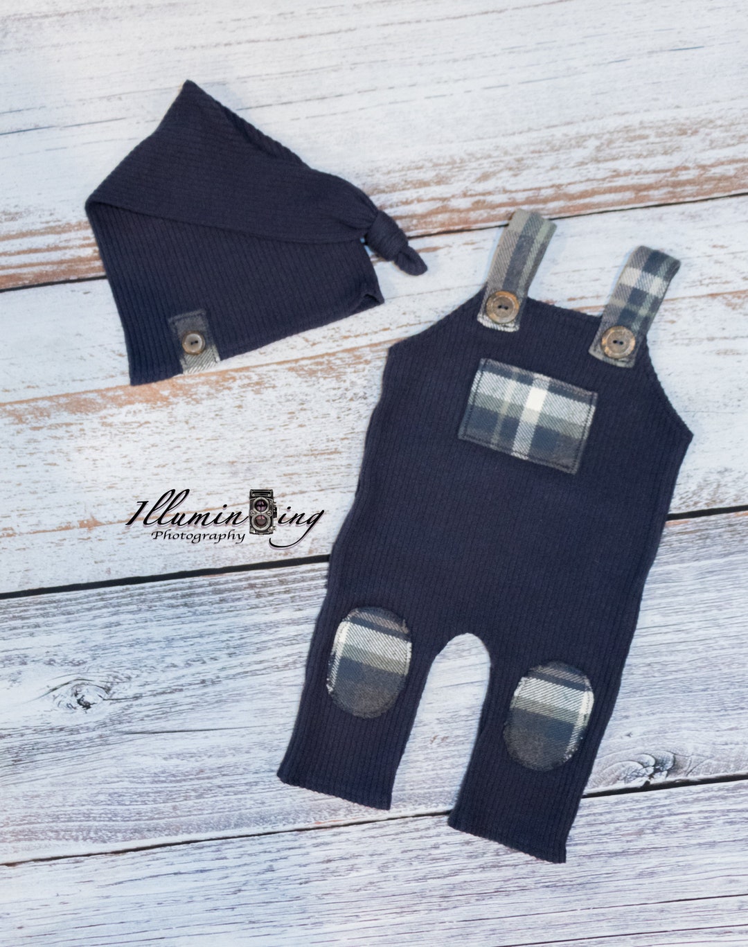 Newborn Ribbed Knit Navy Overalls, Knotted Sleeper Hat, Newborn Outfit ...