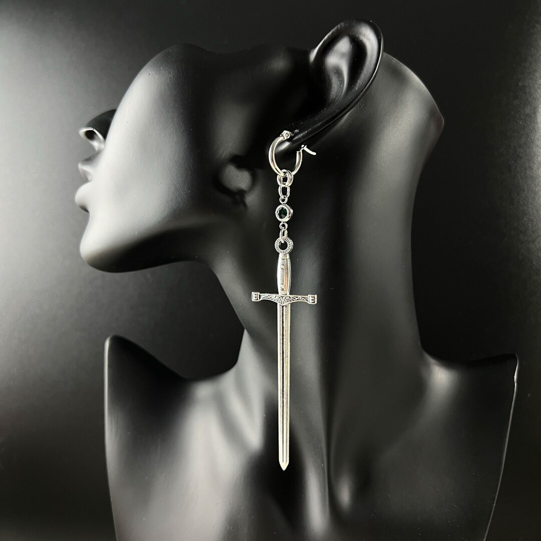 Excalibur Sword Earrings, Emerald Green Rhinestone and Hoop Closures ...