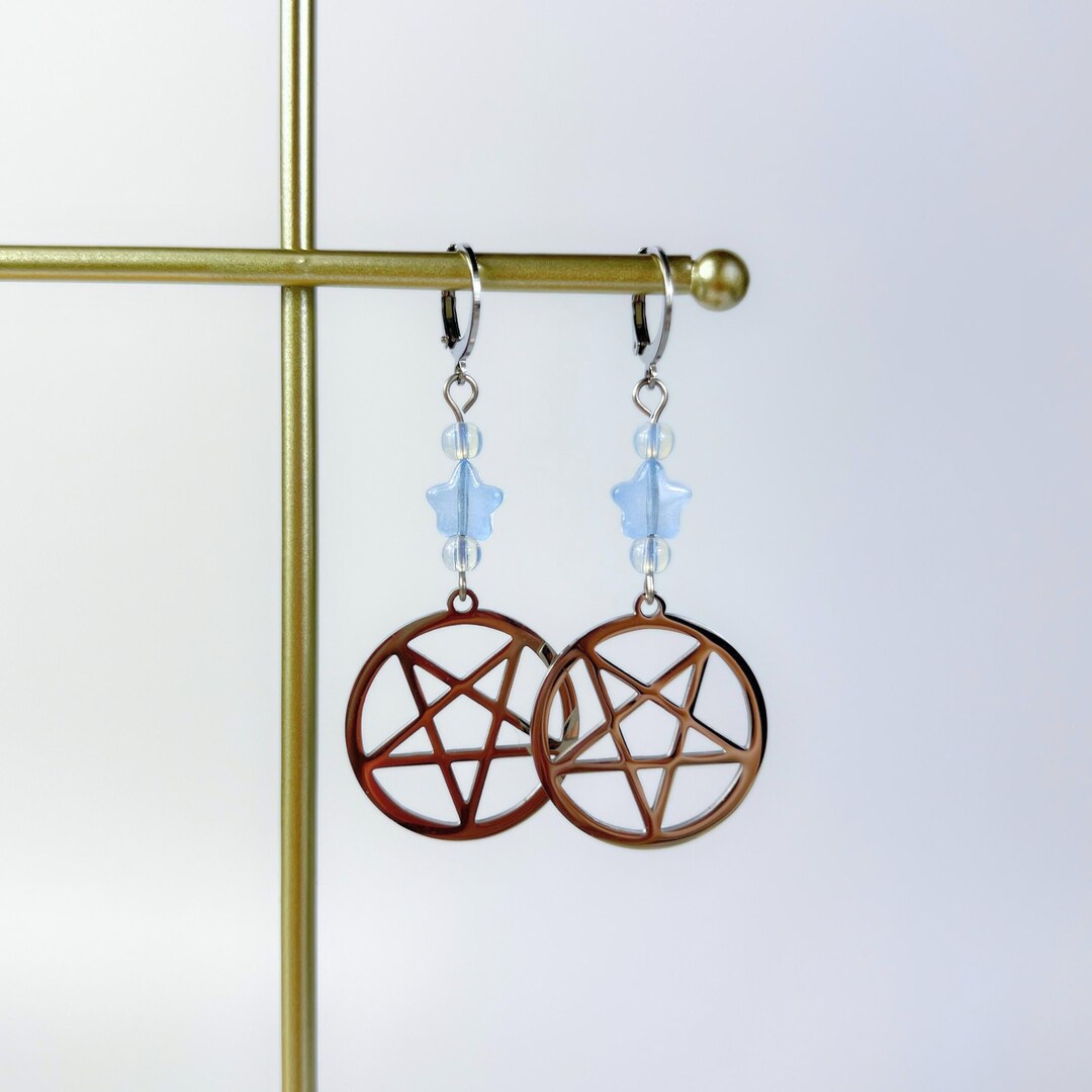 Inverted Pentacle Earrings: Pastel Goth Star and Opalite Beads Jewelry ...