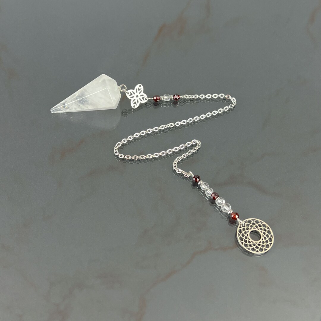 Clear Quartz and Garnet Gemstone Dowsing Pendulum, Mandala Charm, Elegant Divination Tool - Etsy