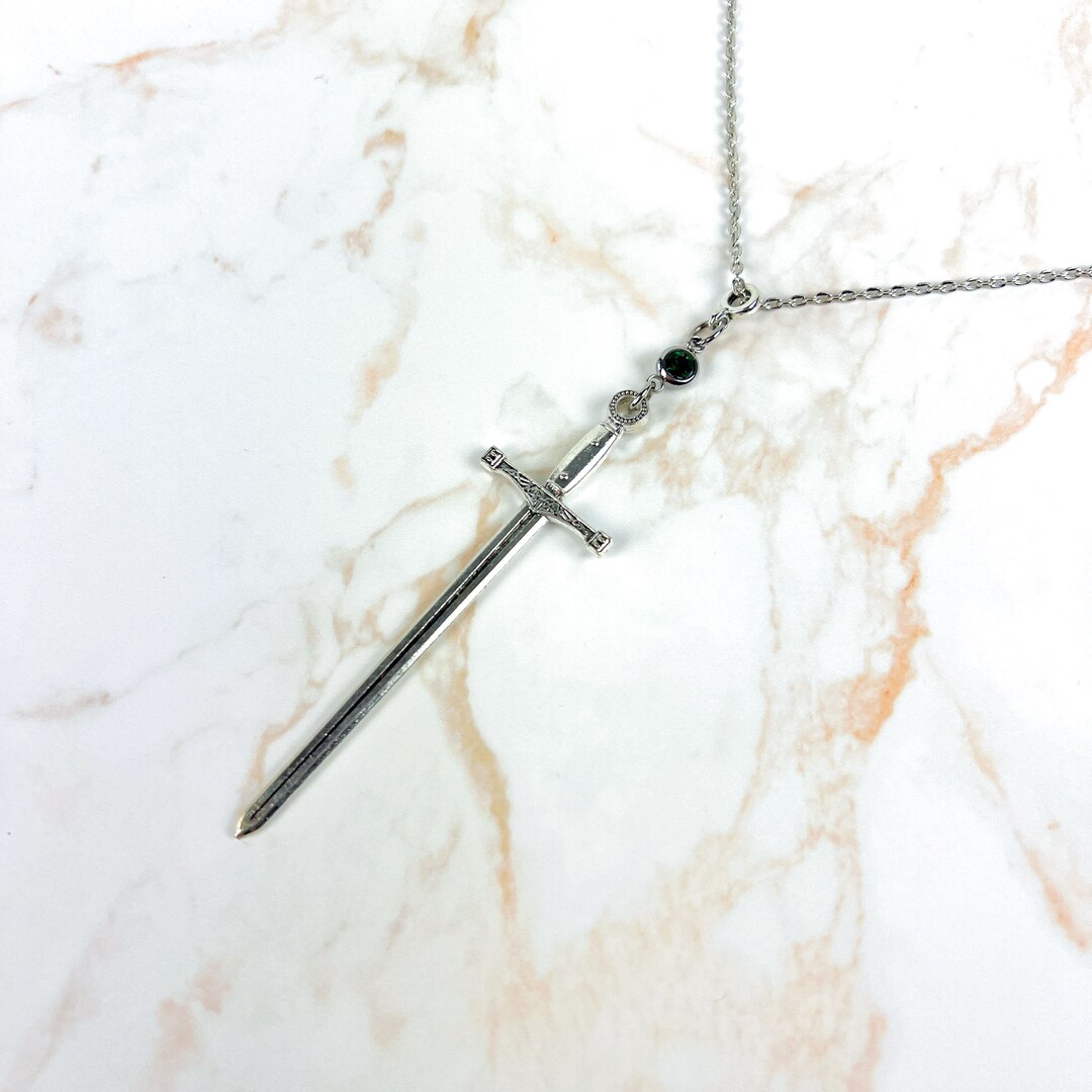 Excalibur Sword Necklace Medieval Fantasy Jewelry, Green Rhinestone ...