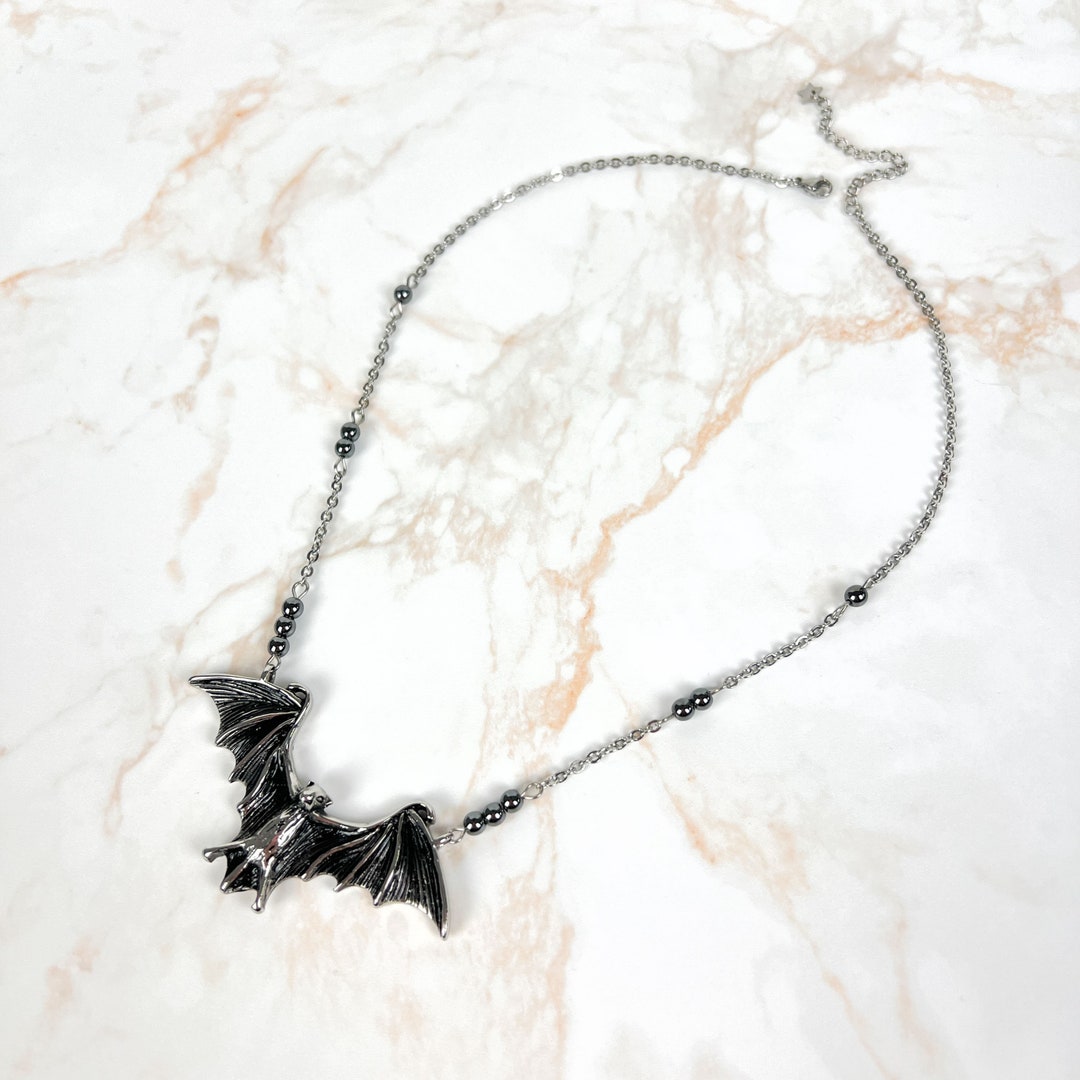 Gothic Bat Necklace, Hematite Gemstone, Vampire Jewelry, Halloween ...