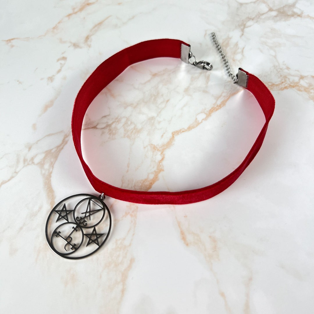 Luciferian Red Velvet Choker, Sigils of Lucifer and Lilith and Inverted ...