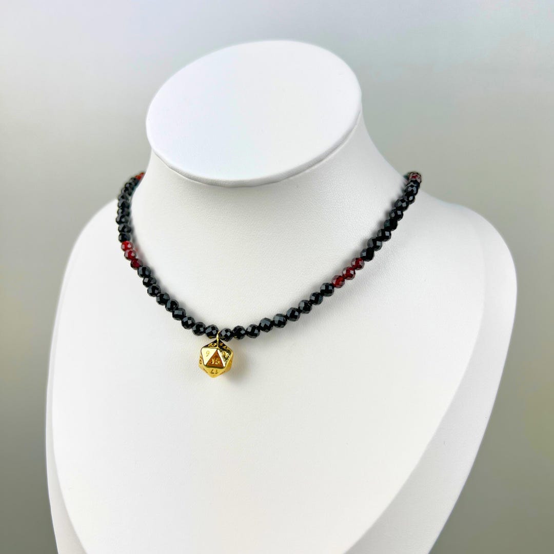 D20 Gemstone Beaded Necklace, Garnet Onyx 18k Gold Plated Choker ...