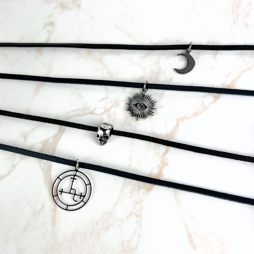 Gothic Choker, Lilith Sigil, Moon Crescent, Third Eye, Skull, Faux Leather Suede, Stainless ...