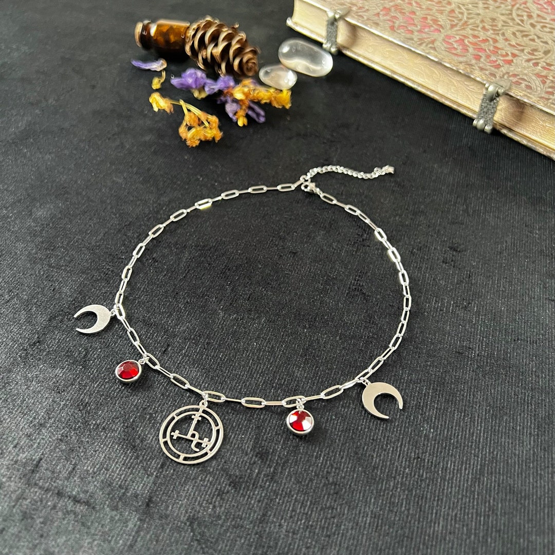 Lilith Sigil Paper Clip Chain Choker, Occult Gothic Necklace With Red ...