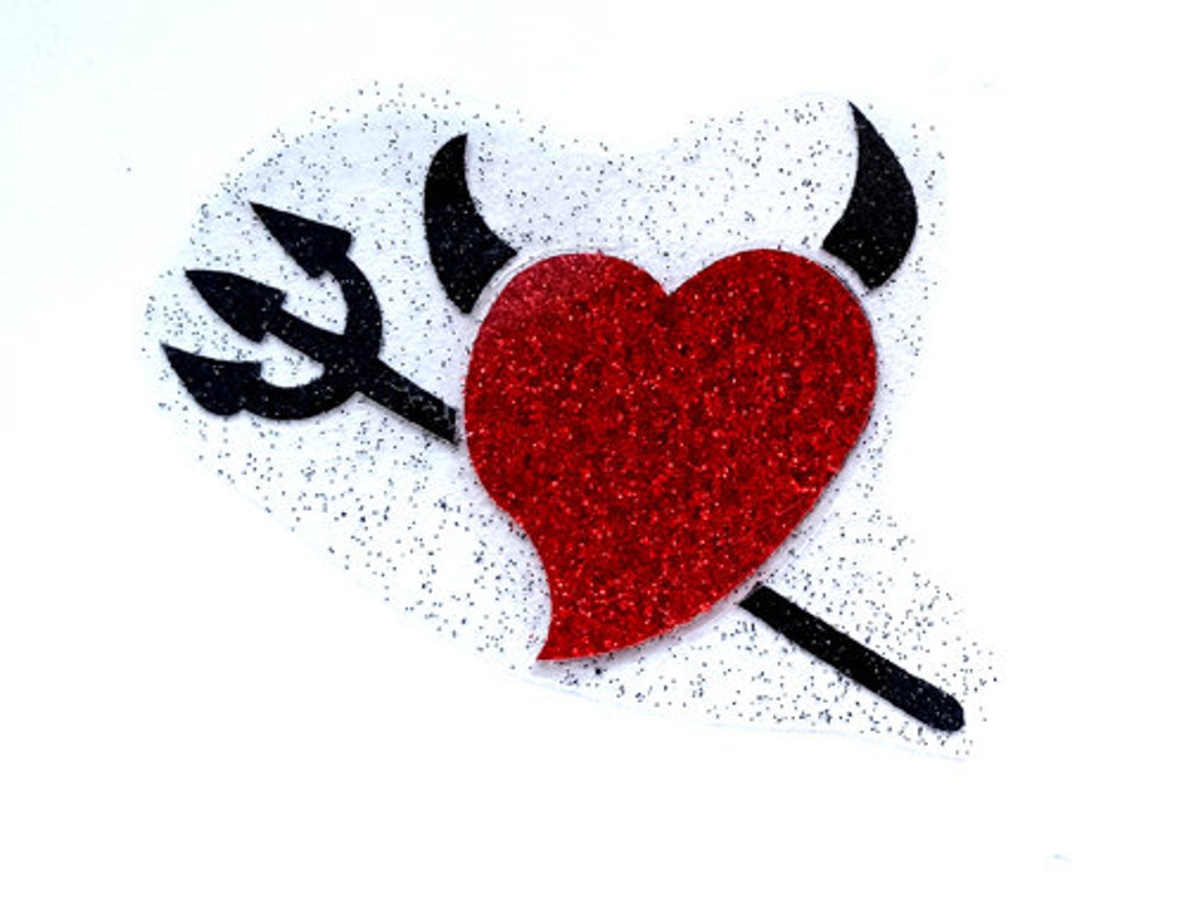 Ld197 Devils Heart With Fork IRON on TRANSFER Patch Glitter Foil Red ...