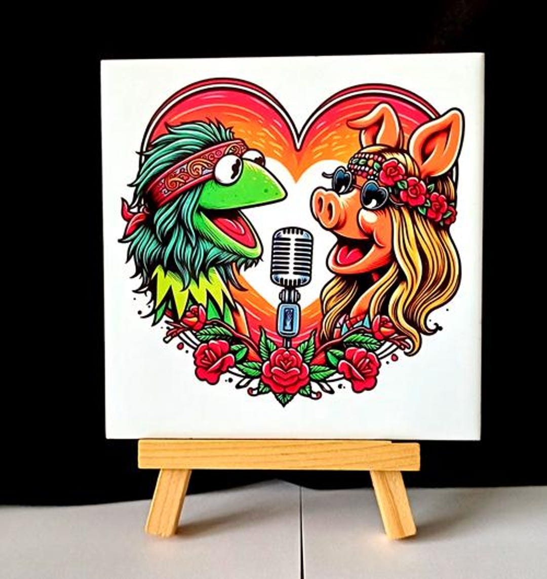 Muppets CERAMIC TILE Kermit Miss Piggy as Hippie Singer Couple Original ...