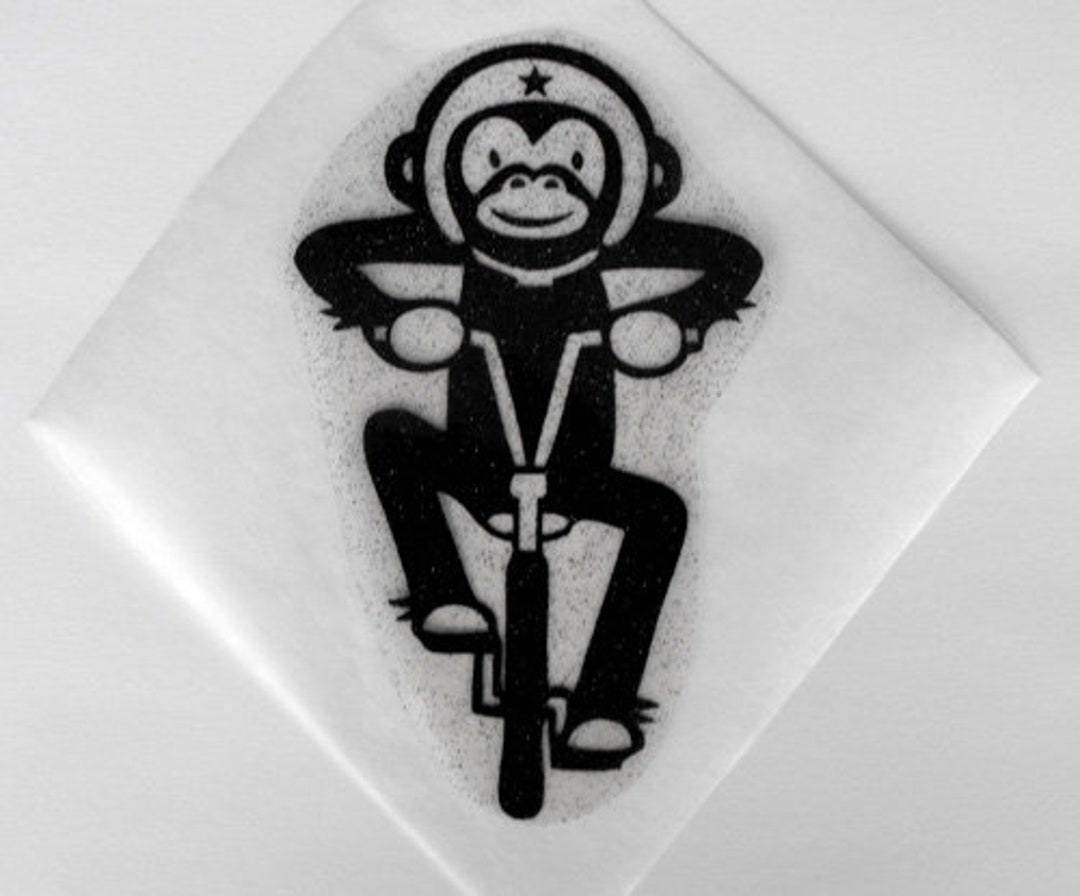 Monkey on Bike Awesome IRON ON TRANSFER Patch Glitter Foil Black 3.5 ...