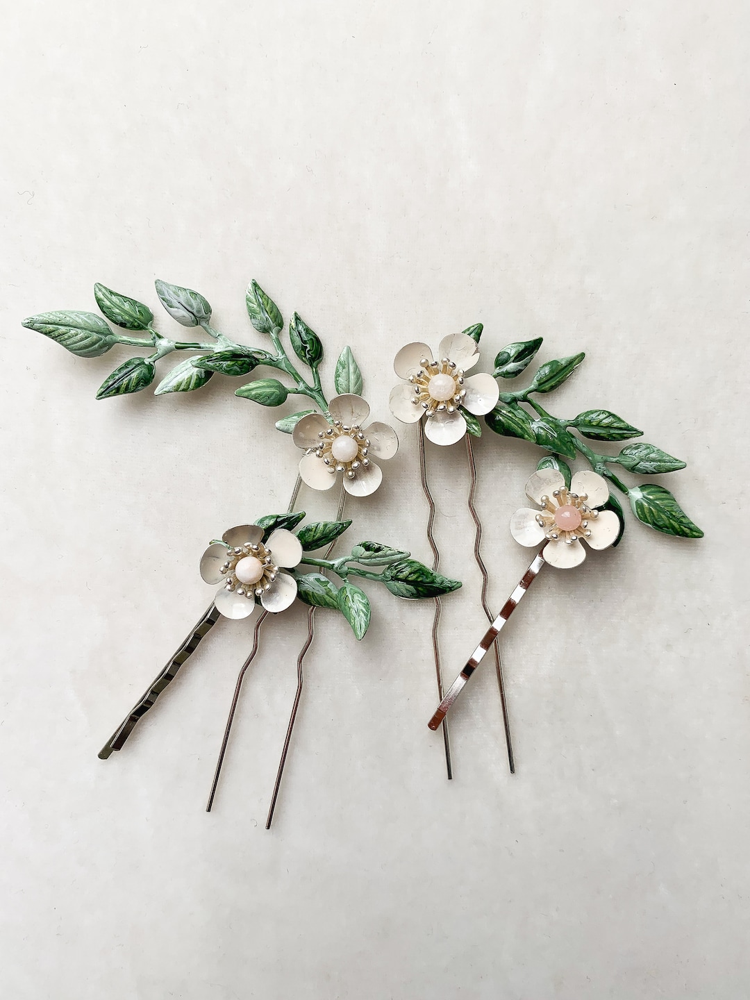 Cherry Blossom Hair Pins. Greenery Bridal Hair Slides. Ivory Flower and ...
