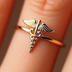 Minimalist Medical Symbol Ring Yellow Gold Caduceus Ring Doctor Ring Medical Symbol Jewelry ...
