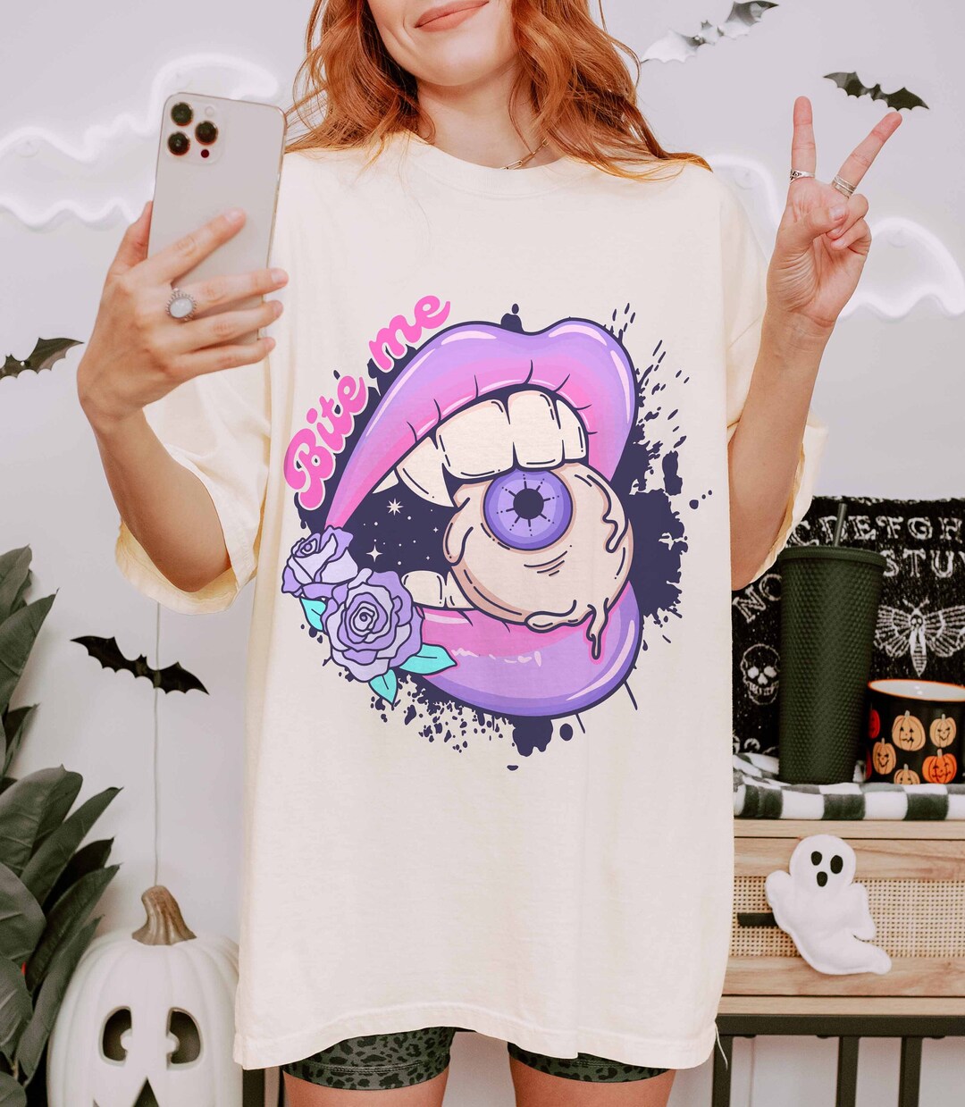 Vampire Mouth Vintage Horror Tshirt, Bite Me Retro Y2K Style, Oversized ...