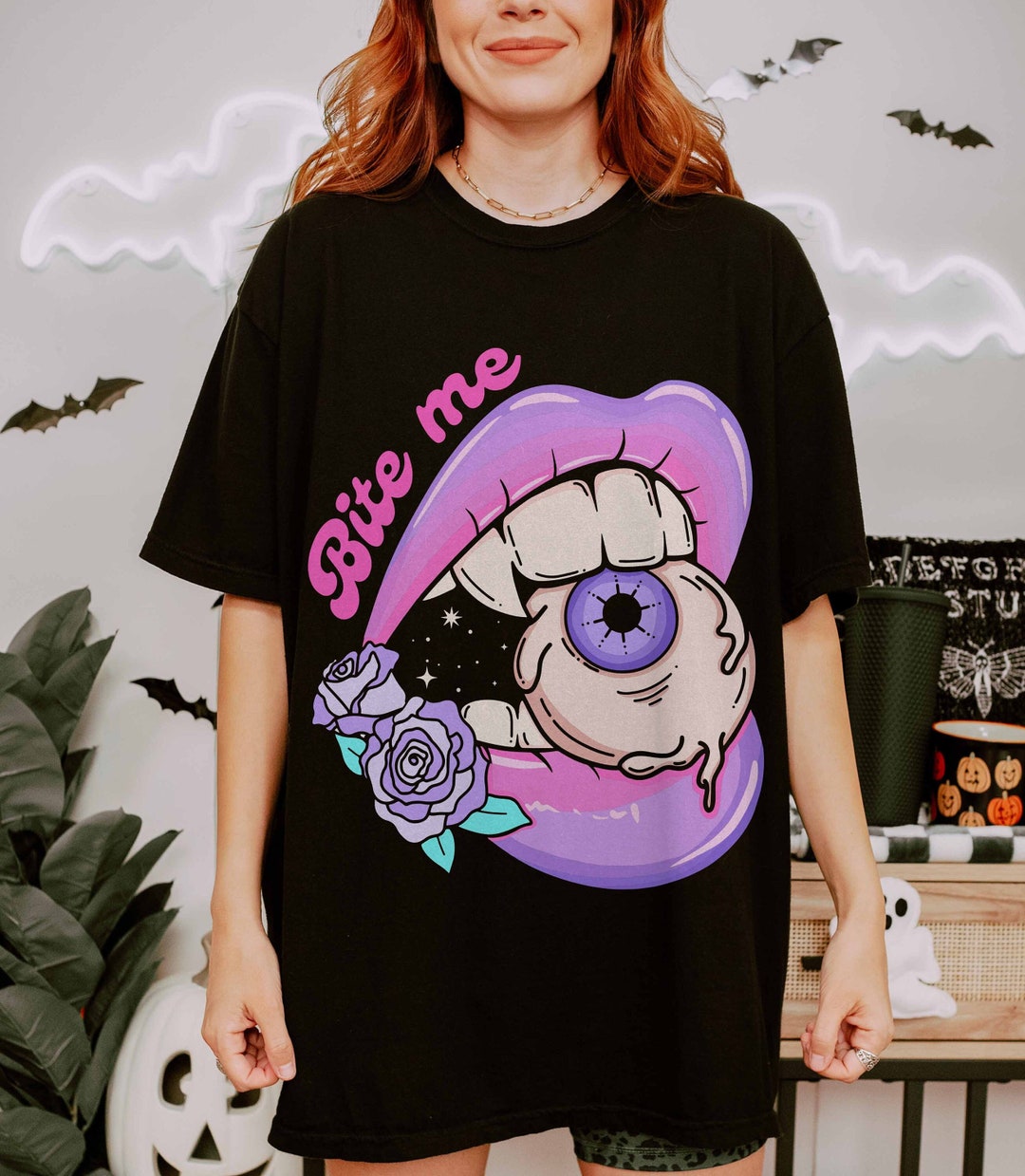 Vampire Mouth Vintage Horror Tshirt, Bite Me Retro Y2K Style, Oversized ...