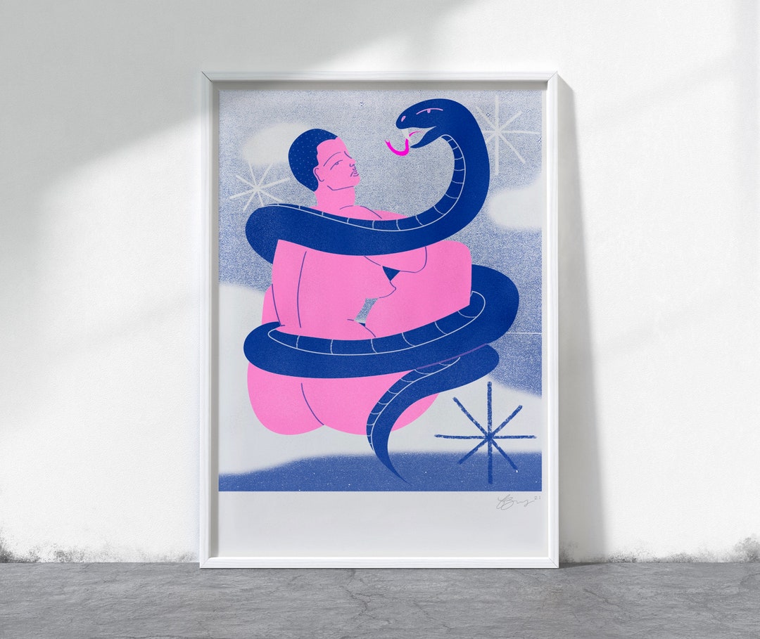 Snake Risograph LGBT Art A4 Risograph High Quality Art Print 250gsm Recycled, Natural, Uncoated ...