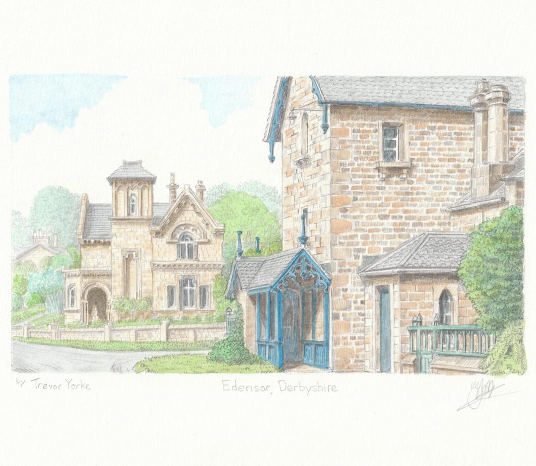 Edensor Village, Chatsworth, Peak District, Derbyshire. ORIGINAL Pencil ...