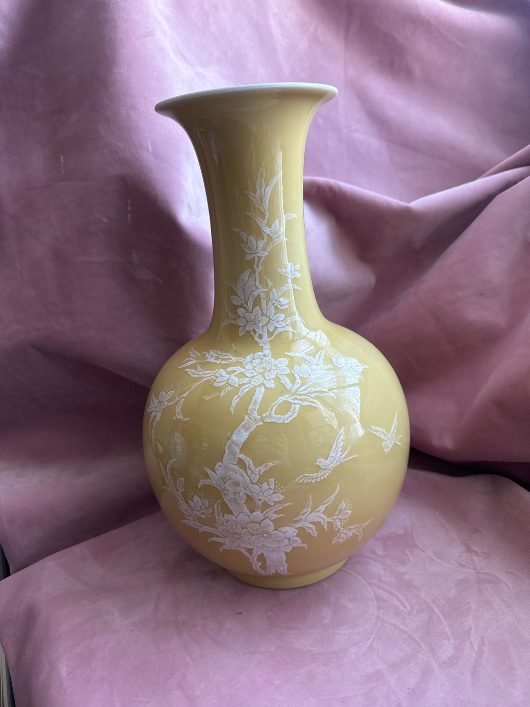 Vintage Chinese Large Yellow Vase With Painted White Flowers and Bird ...