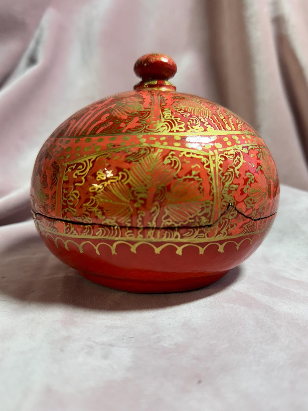 Vintage Wooden Paper Mache Container With Lid.red,pink Gold Painted ...
