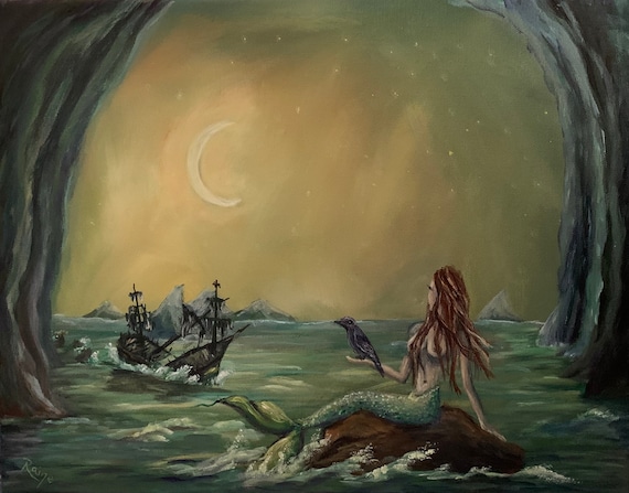 Mermaid Pirate Ship Art Print on Canvas Whimsical Wall Art | Etsy