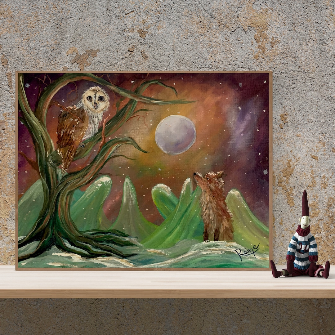 Fox and Owl Moonlight Painting: Woodland Animal Nursery Art - Etsy