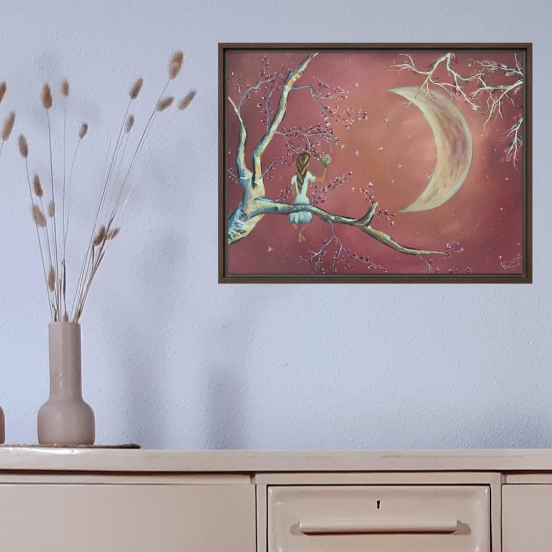 Girl in the Moonlight Painting, Blowing Dandelion, Dreamful Art ...