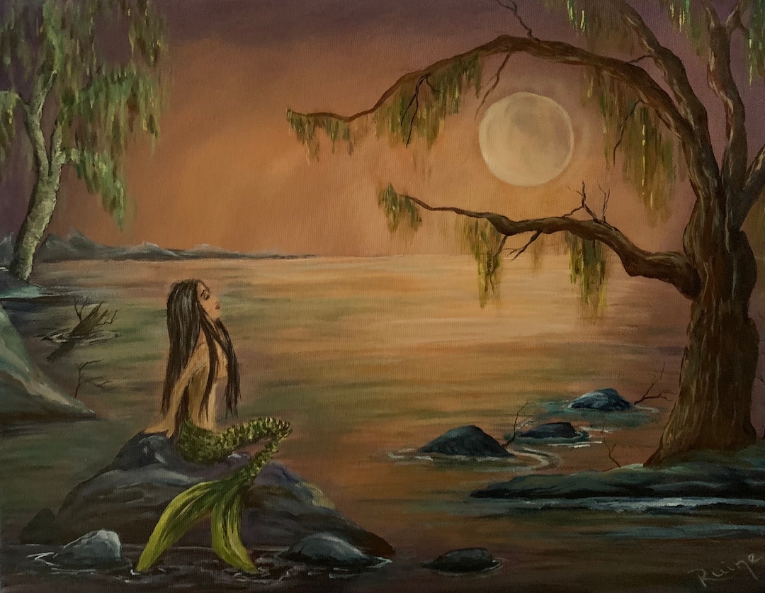 Mermaid in the Moonlight Art Print Fantasy Girl Painting Magical Wall ...