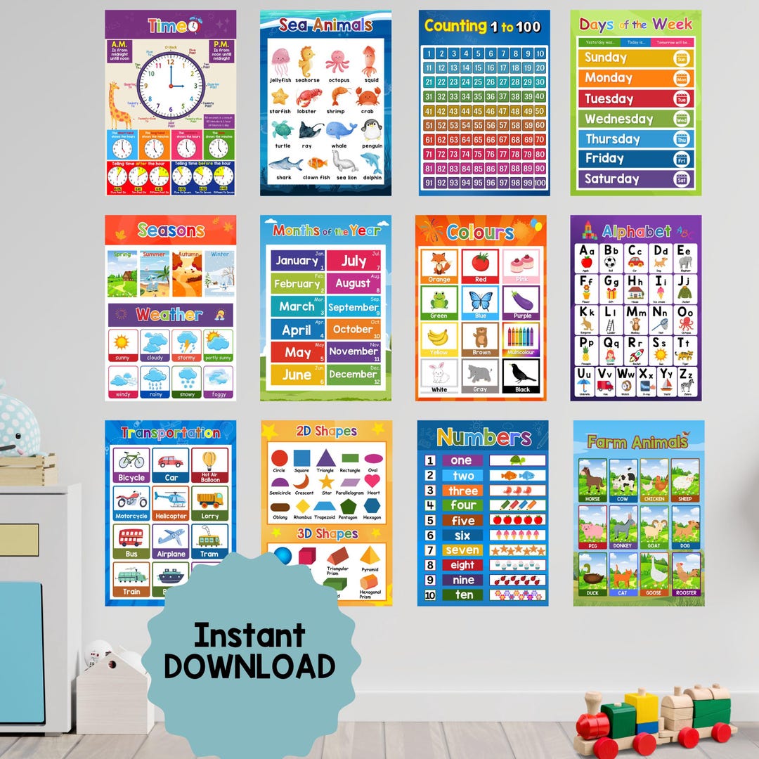 12x Educational Preschool Home Schooling Posters, Playroom Decor, Early ...
