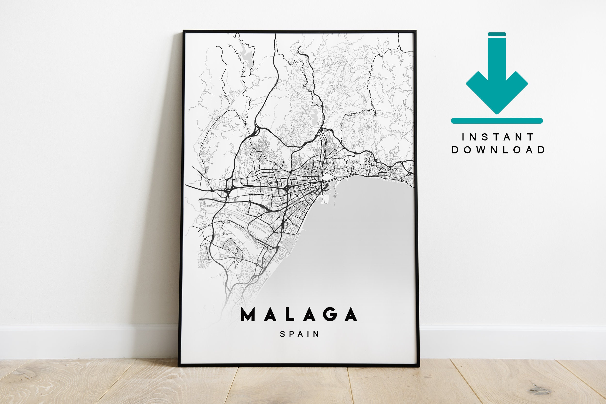 Malaga City Map Map Download Map Wall Art Map Art Map | Etsy