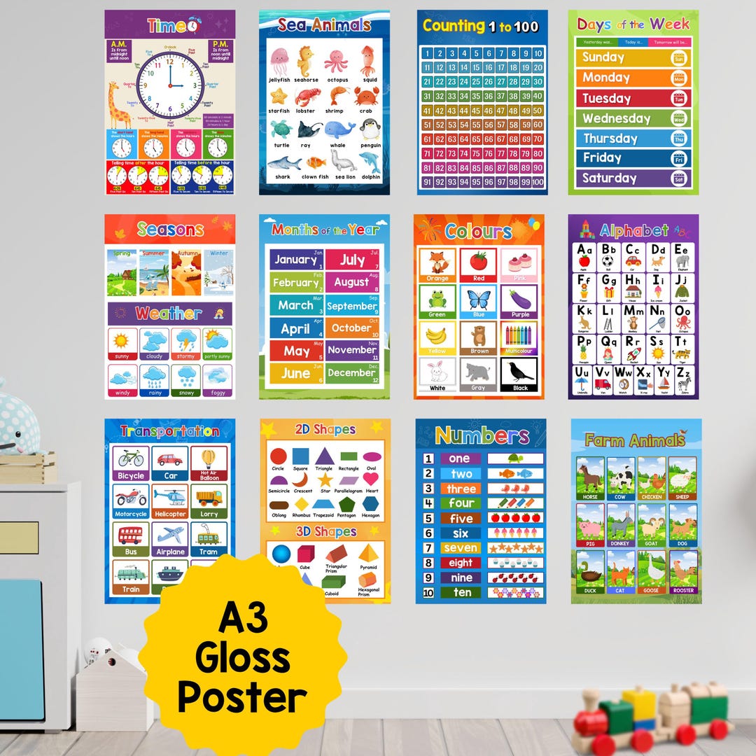 Set of 12 Educational Posters for Kids , Home Schooling Materials, Kids ...