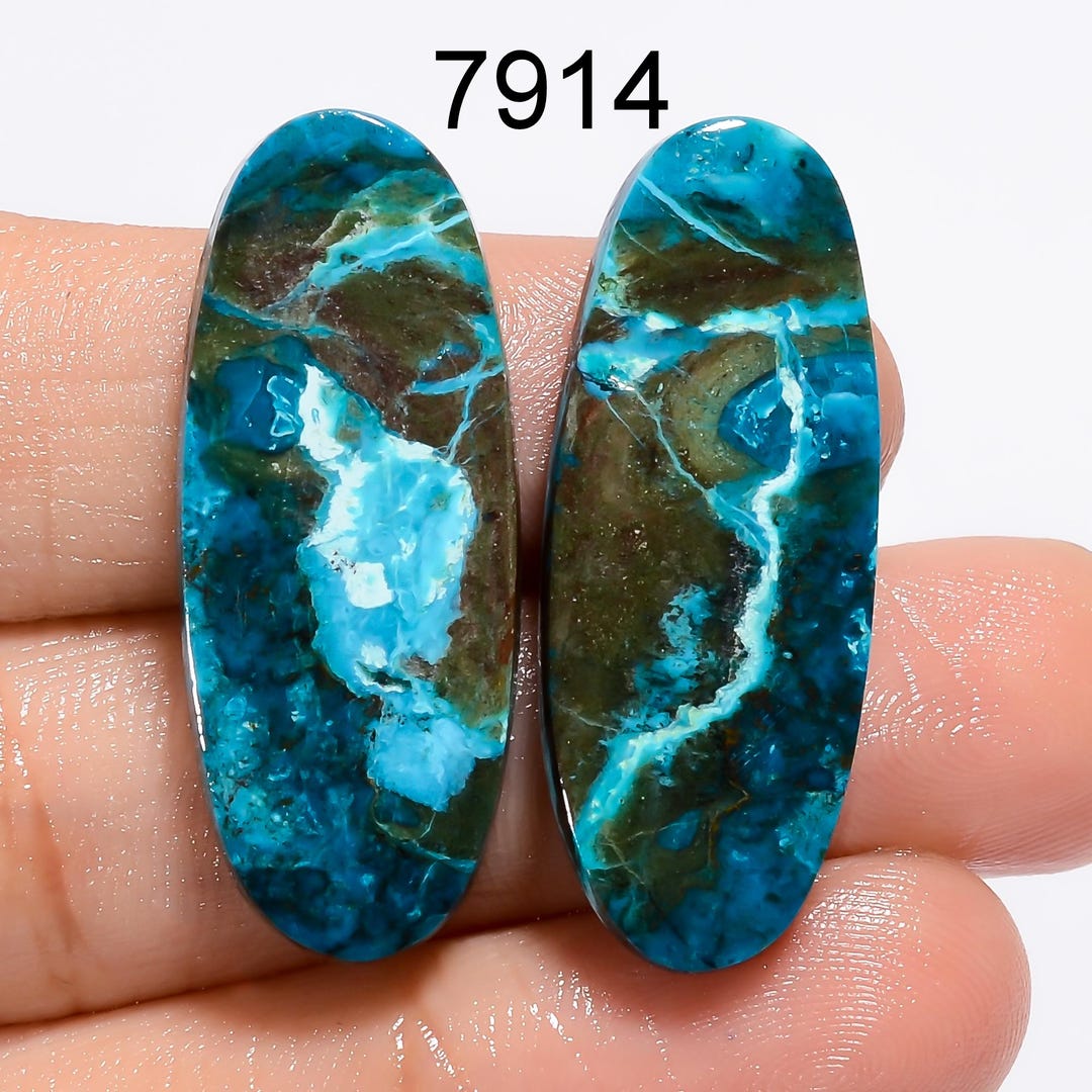 Chrysocolla Cabochon Pair: Green Oval Polished Matched Gemstone for ...
