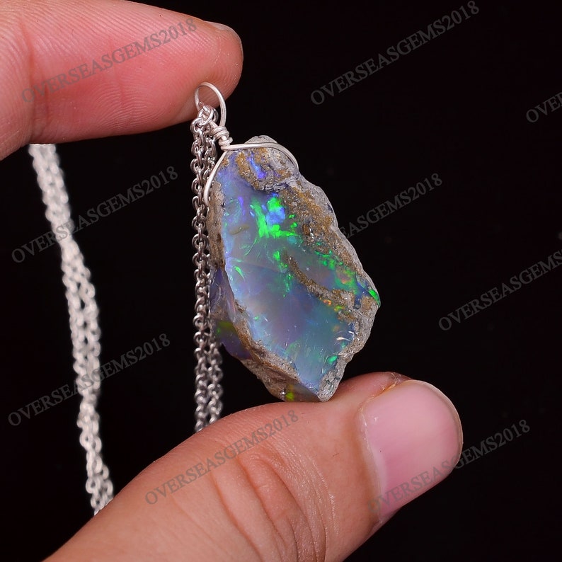 Natural Ethiopian Opal Pendant Necklace Raw Crystal 925 Silver 18 Inch ...