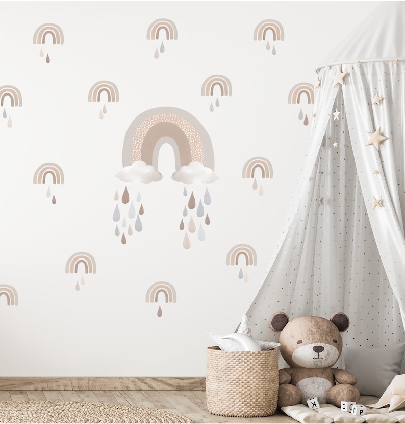 Rainbow Wall Sticker for Children's Room, Beige Rainbow With Clouds ...