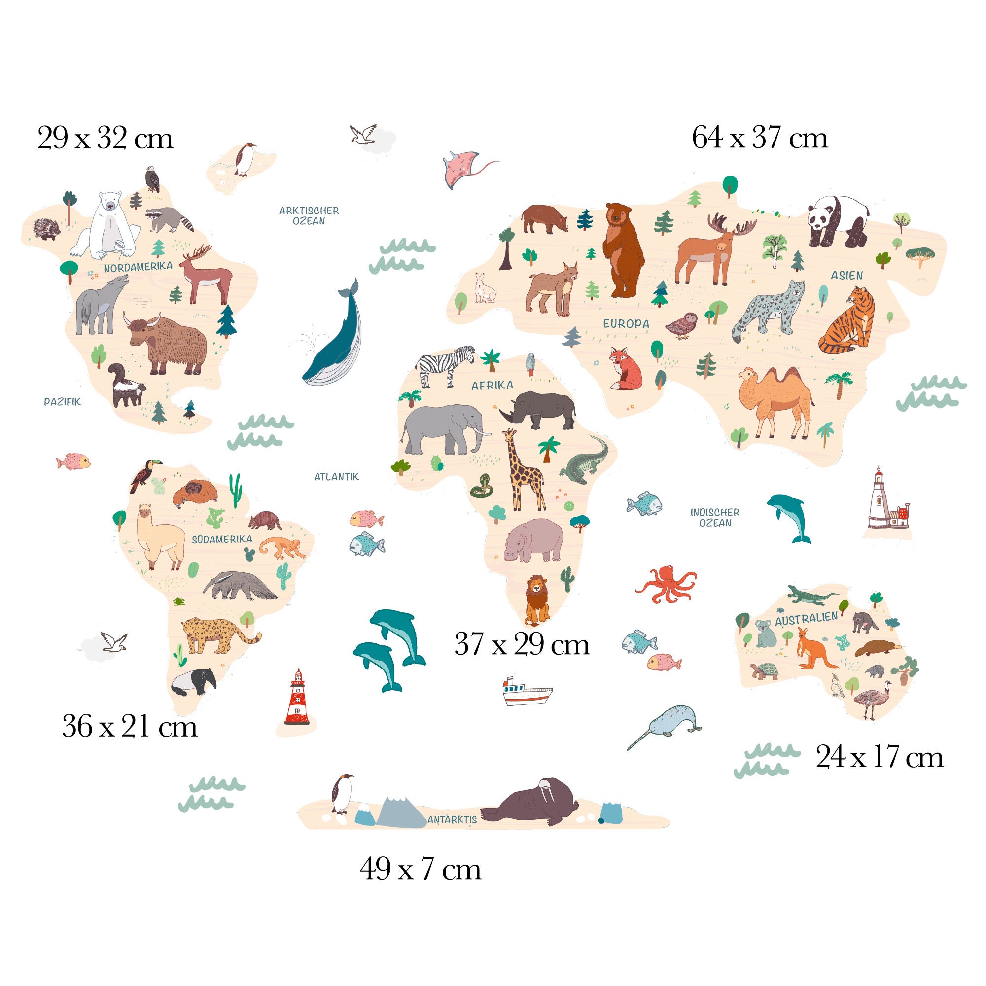 Large World Map Decal Continent Label Animals Wallsticker - Etsy UK