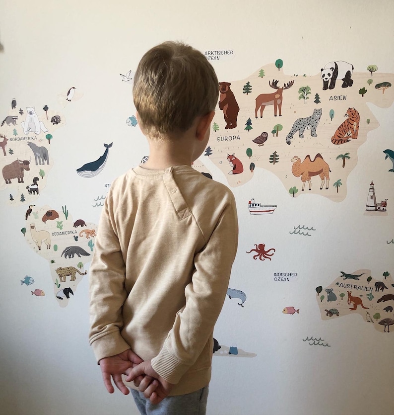 Large World Map Decal Continent Label Animals Wallsticker | Etsy