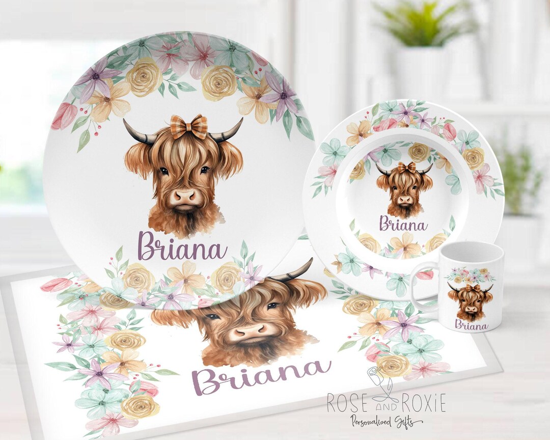 Highland Cow Personalized Plate, Pink and Purple Flowers Cow Plate With ...