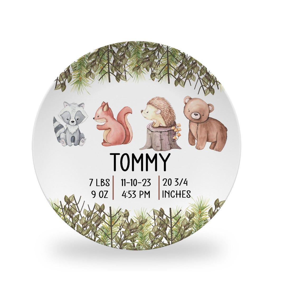 Forest Animals Birth Stat Personalized Plate for Baby, Personalized ...