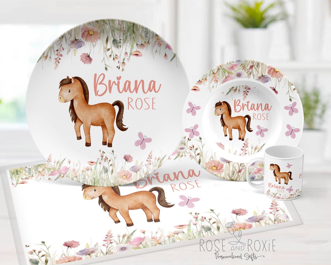 Personalized Floral Pony Plate Set, Horse Plate, Bowl, or Mug, Placemat ...