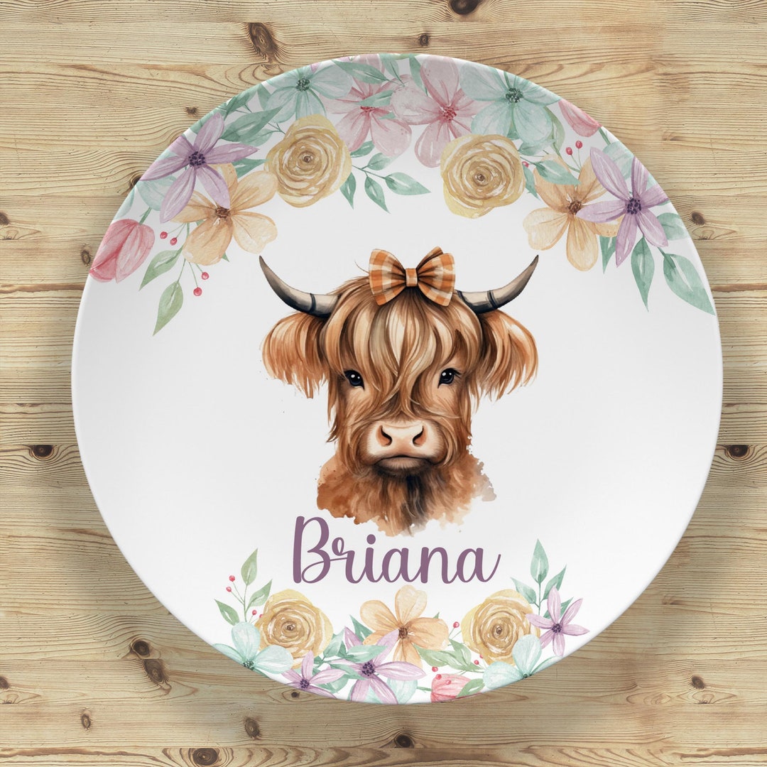 Highland Cow Personalized Plate, Pink and Purple Flowers Cow Plate With ...