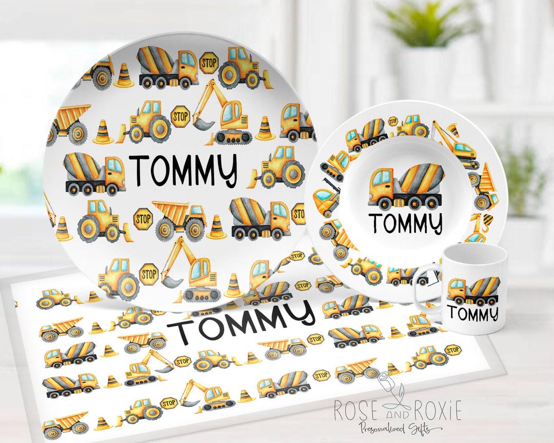Personalized Construction Plate Set, Dump Truck, Bulldozer, Diggers ...