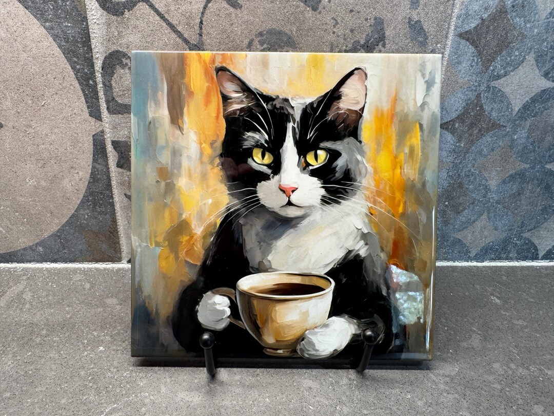 Tuxedo Cat Drinking Coffee Ceramic Tile Trivet for Hot Dishes/coaster ...