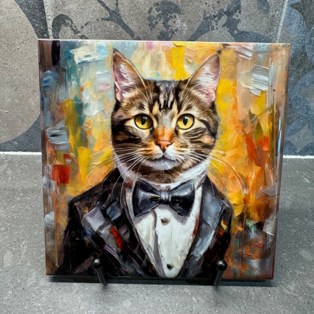 Tuxedo Tabby Cat. Trivet for Hot Dishes. 6"x6" Hot Plate. Cat Decor ...